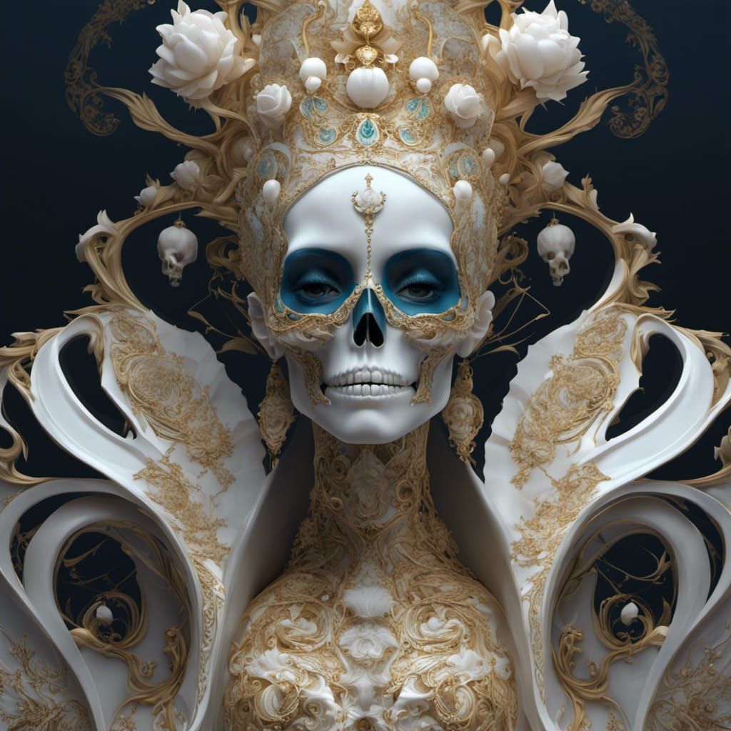 3D opalescent porcelain sculpture of beautiful skull queen wearing a ...