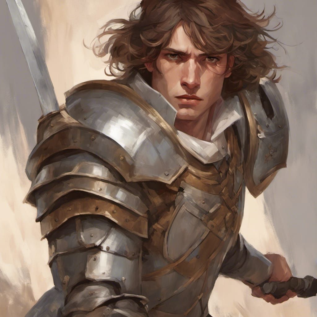 Average-built young man wearing plate armor, wielding a broadsword and ...