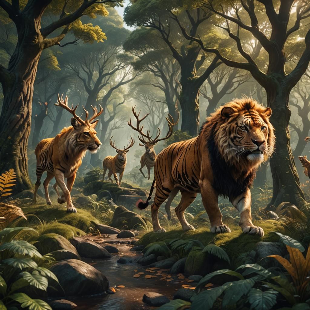 A ginger and golden deer swiftly racng through the forest, passing ...