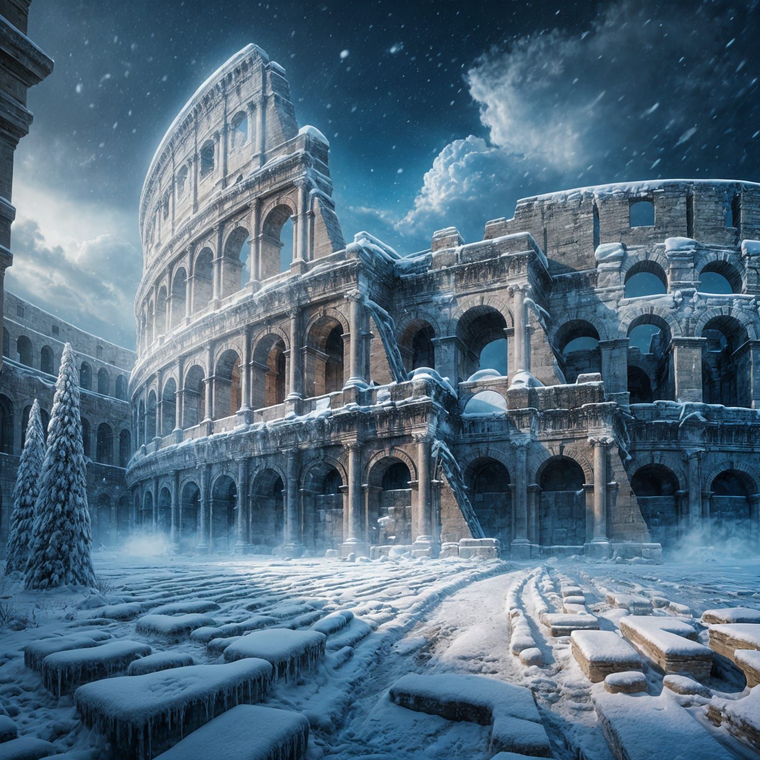 Snowy Colosseum: Ancient Rome in Winter, Digital A... - AI Art