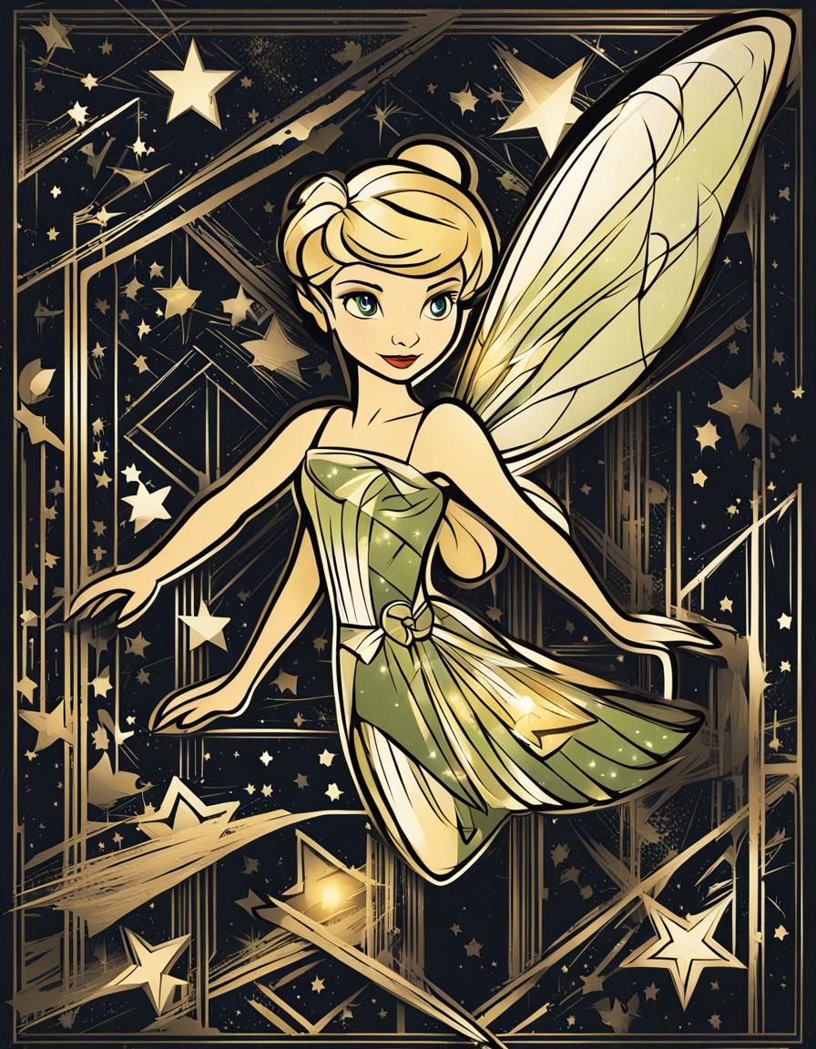 stylized Tinkerbell and stars, art deco movement ; thick lines, 3d ...