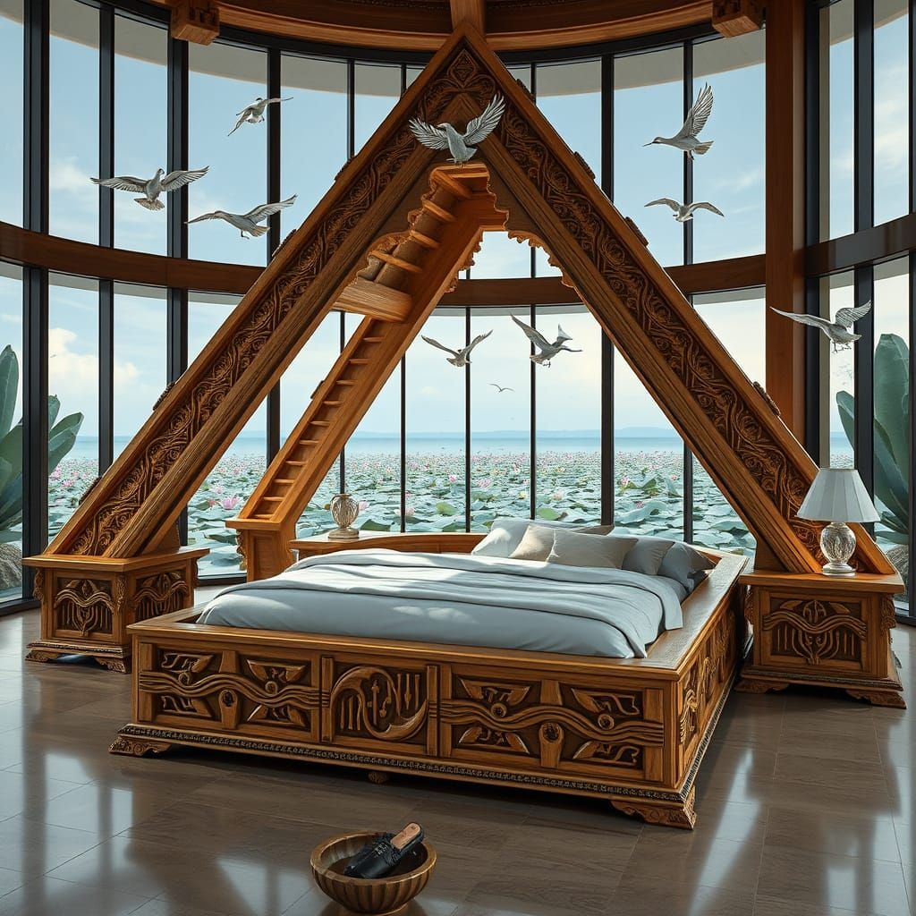 Ancient Egyptian Pyramid Bed in a Glass Room Oasis - AI Art
