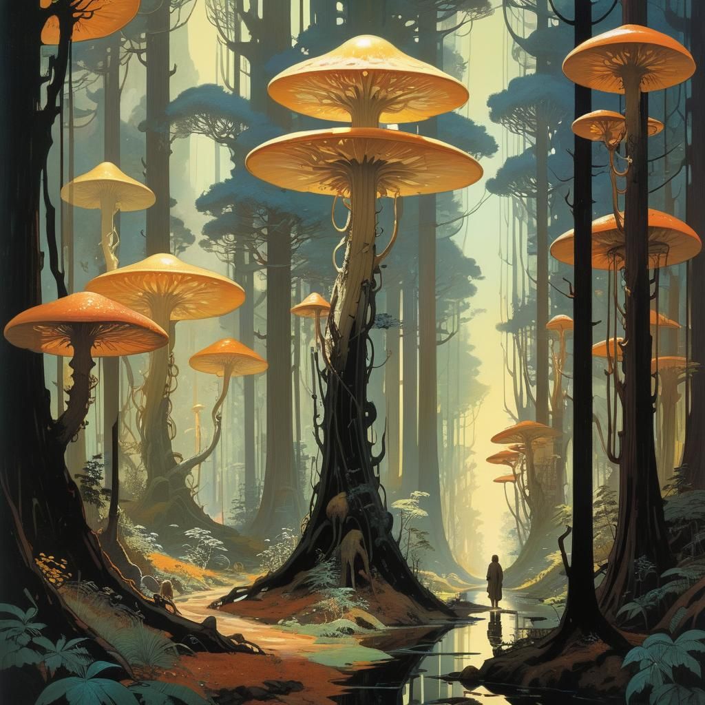 art by Syd Mead, Alphonse Mucha, H.R. Giger, Yoko Honda, Jakub Rebelka ...