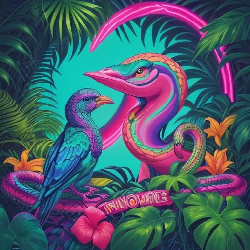 Colorful bird snakes surrounding a Dimond in a tropical garden - AI ...