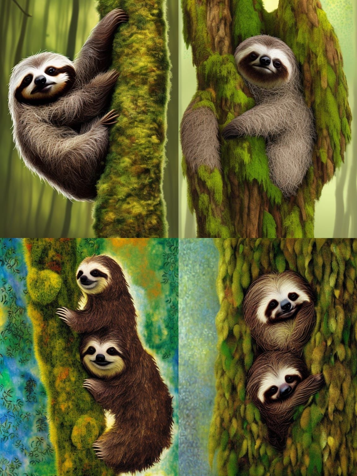 A hyperdetailed Photorealistic adorable cute fuzzy baby Sloth clinging ...