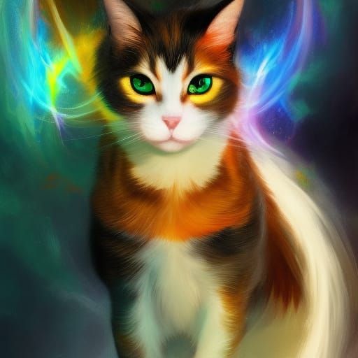 Black and Tan calico cat with green eyes, rainbow bridge, halo over ...