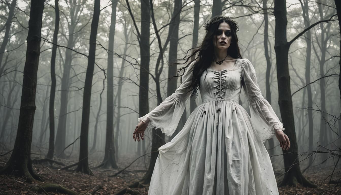 Gothic ghost woman wearing a white dress in a haunted forest - AI ...