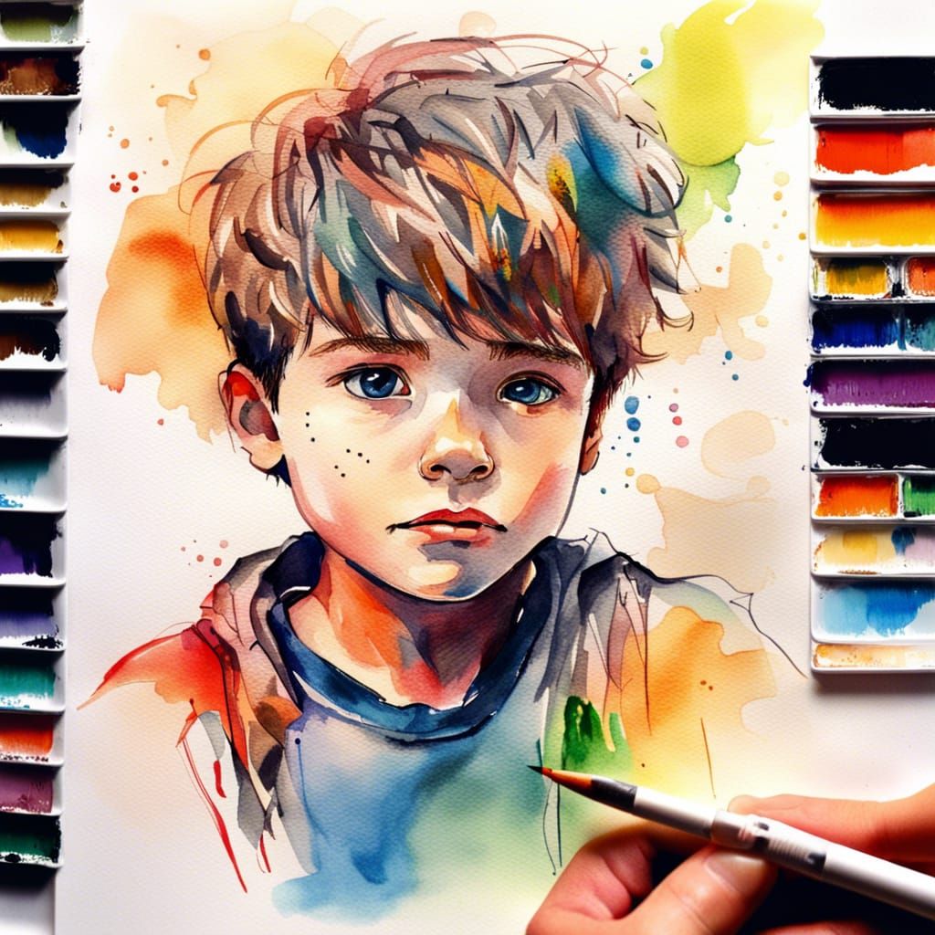 Vibrant Watercolor Sketch of a Boy - AI Art