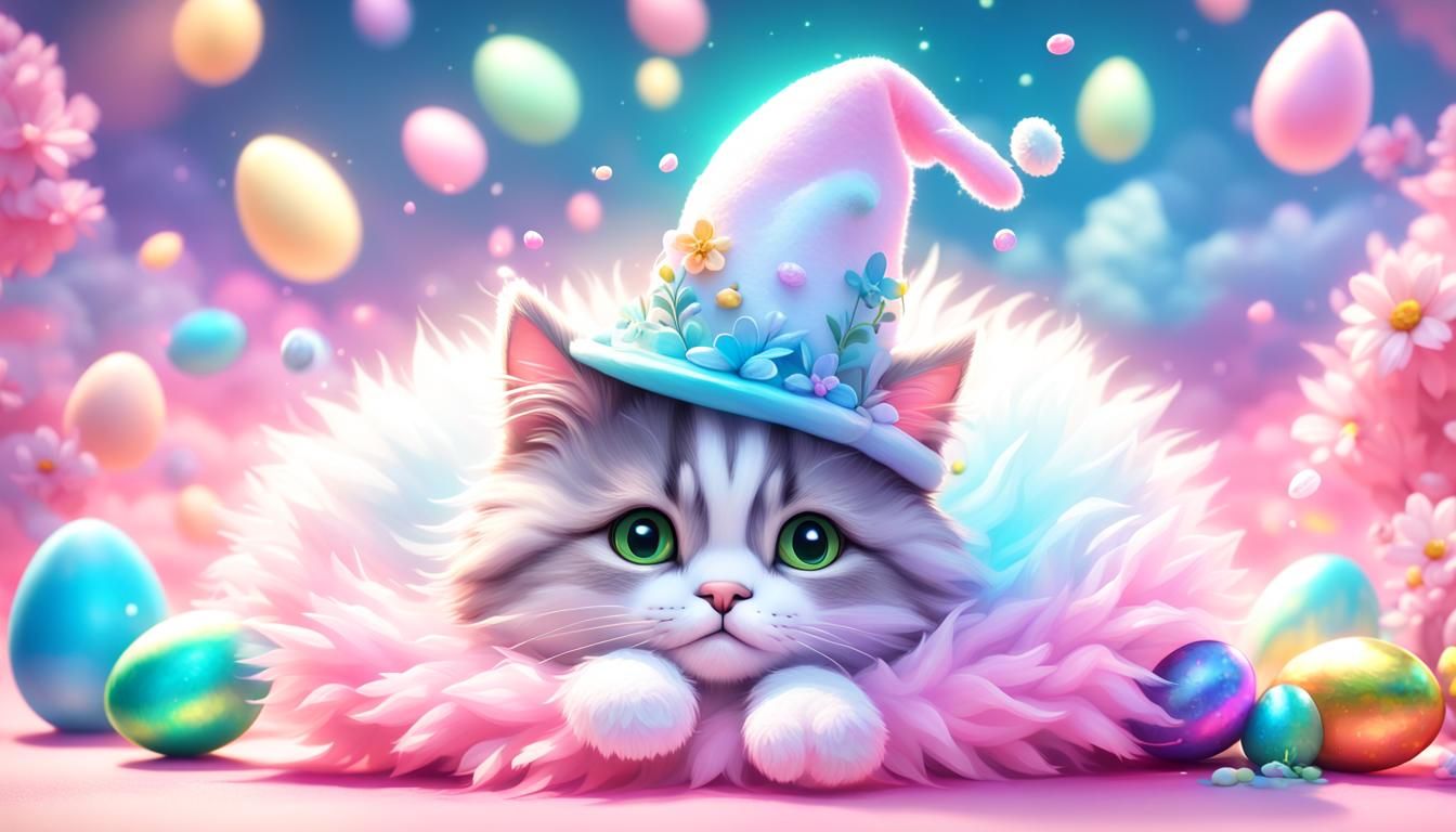 fluffy chibi cat laying on a pink with easter hats ethereal fantasy ...