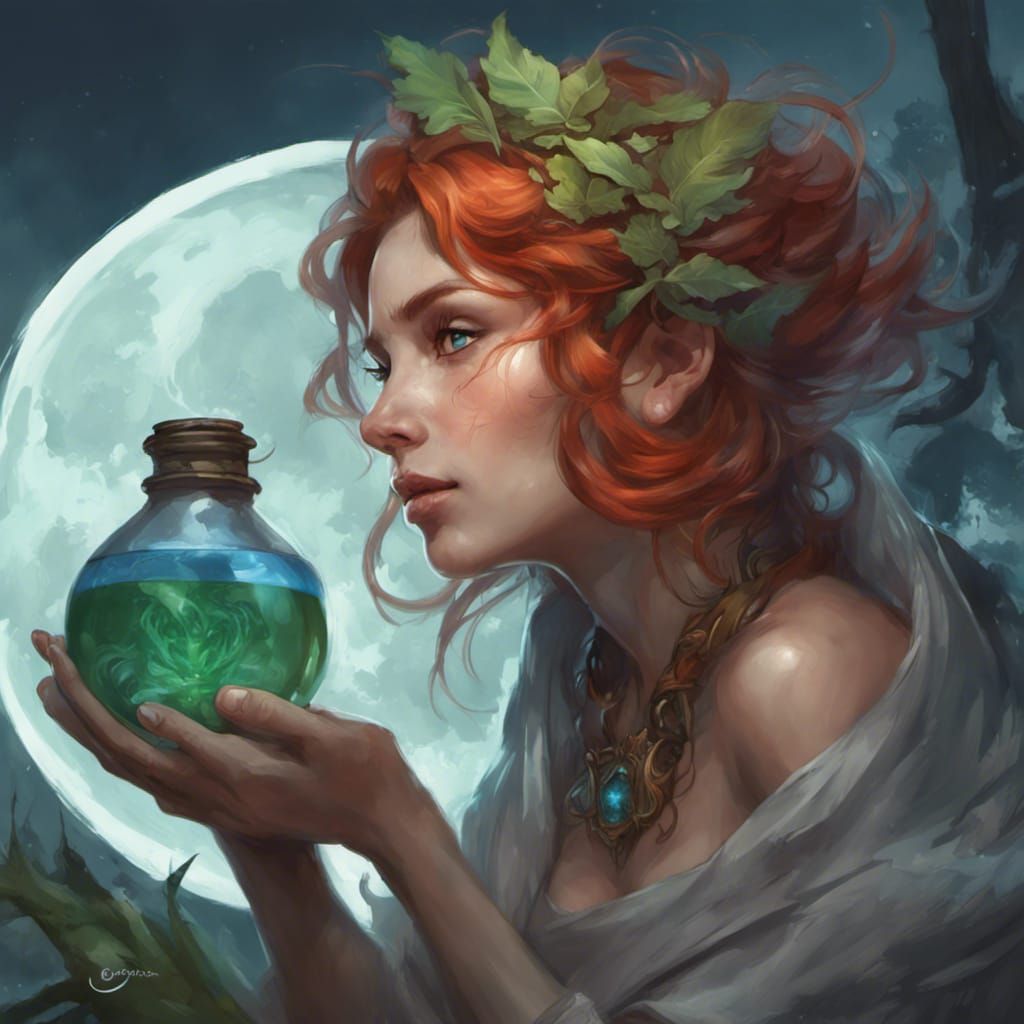 MOON DRUID NATURE making potions with short red hair and blue eyes that ...