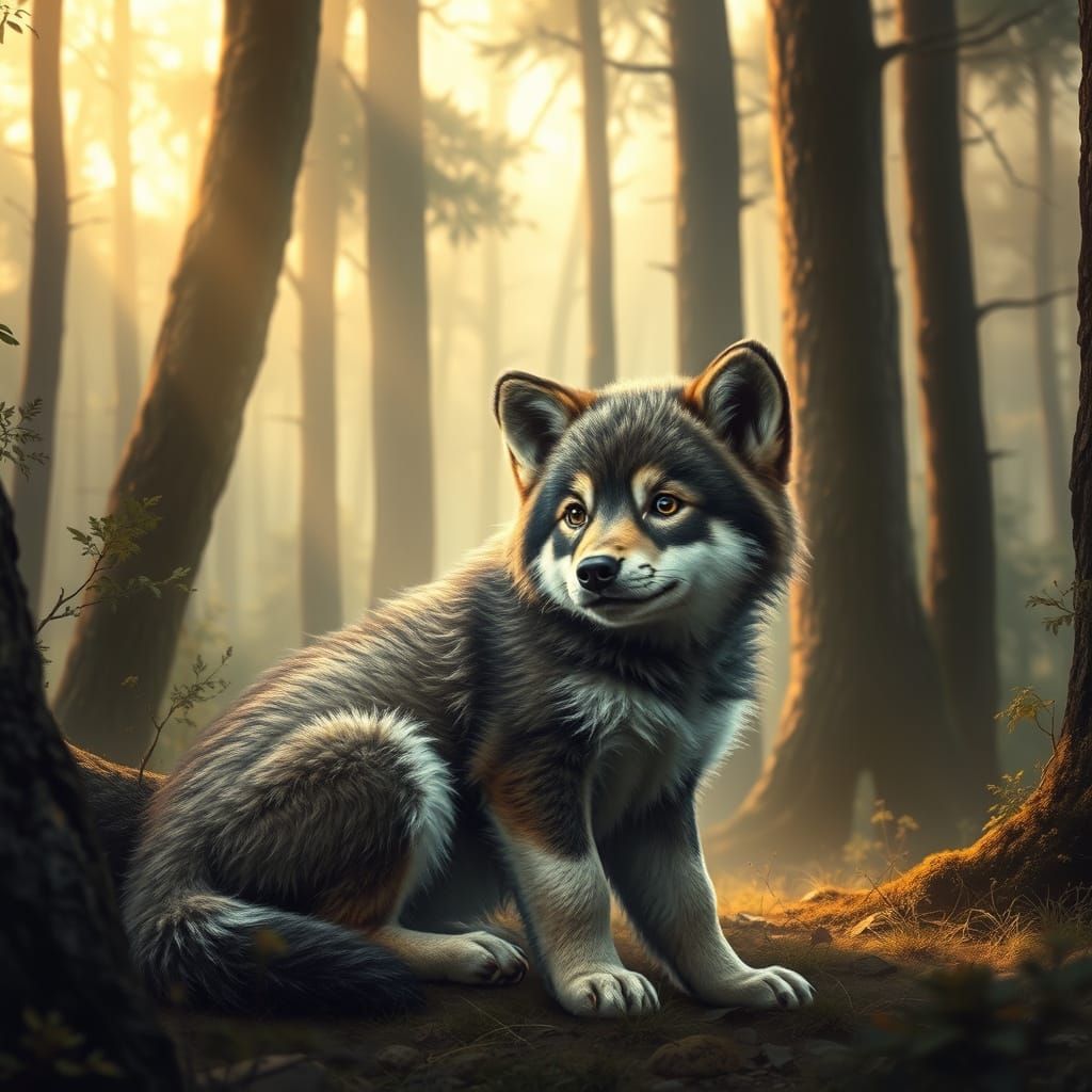 A dire wolf cub - Dire Wolf Cub in Serene Forest Glade