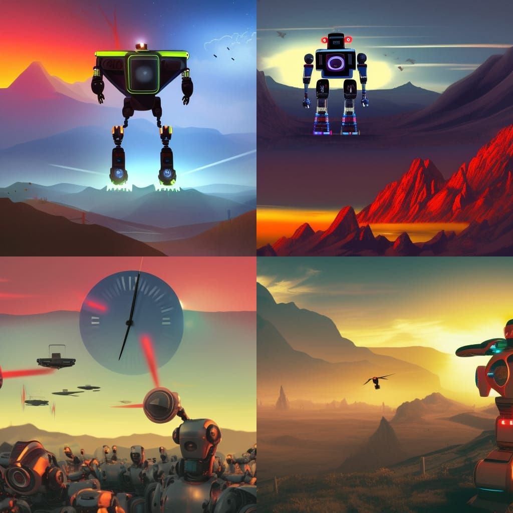 Humans are fighting against robots in a big valley. In the background ...