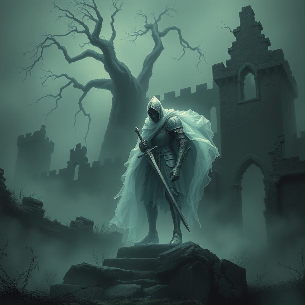 Ghostly Knight Haunts a Ruined Castle in a Hauntin... - AI Art