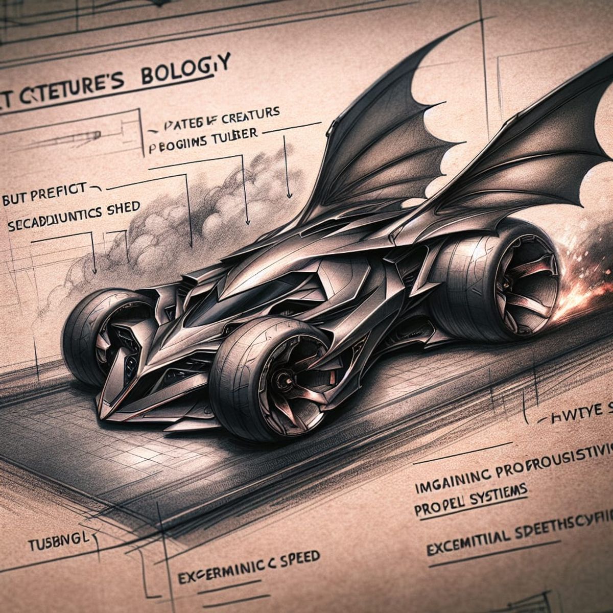 a sketch of a futuristic Batmobile tumbler concept design, bio-inspired ...
