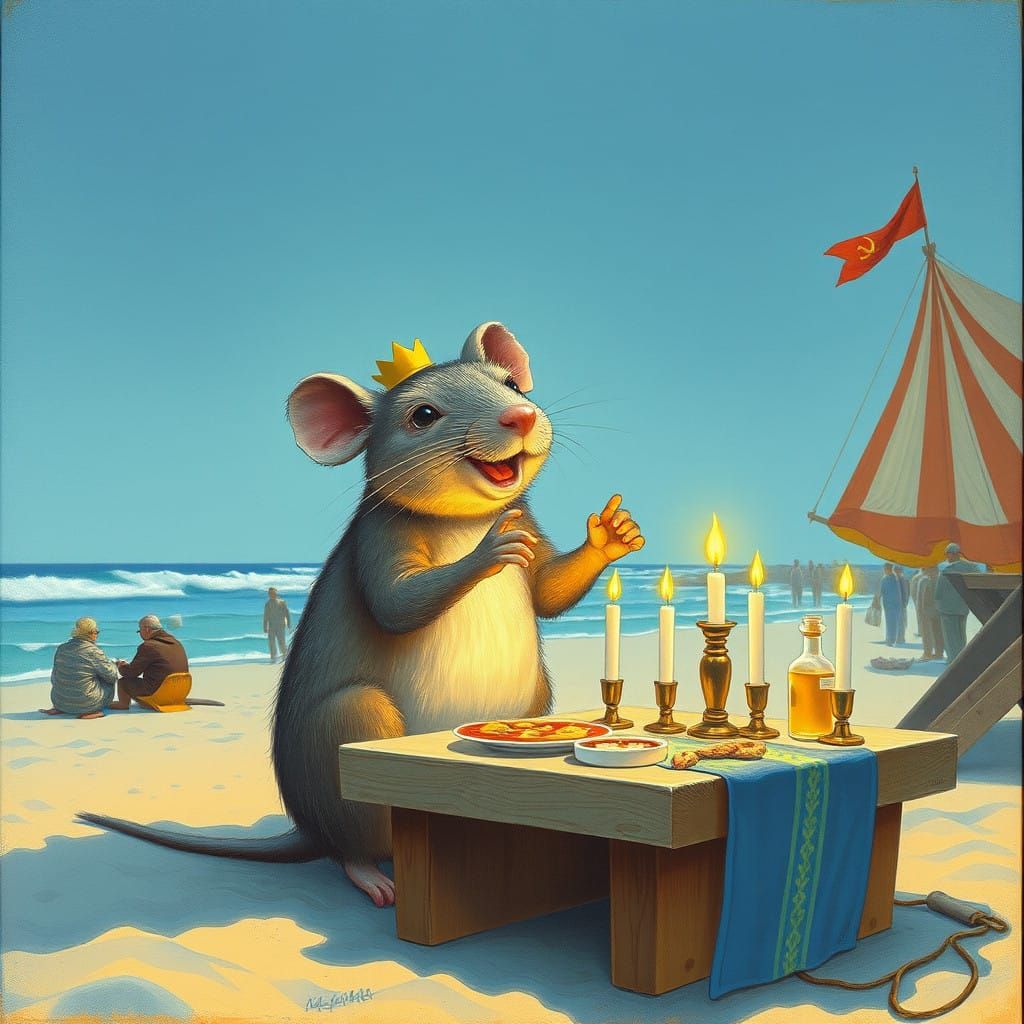 Surreal 1970s Soviet Beach Scene with a Mouse Cele... - AI Art