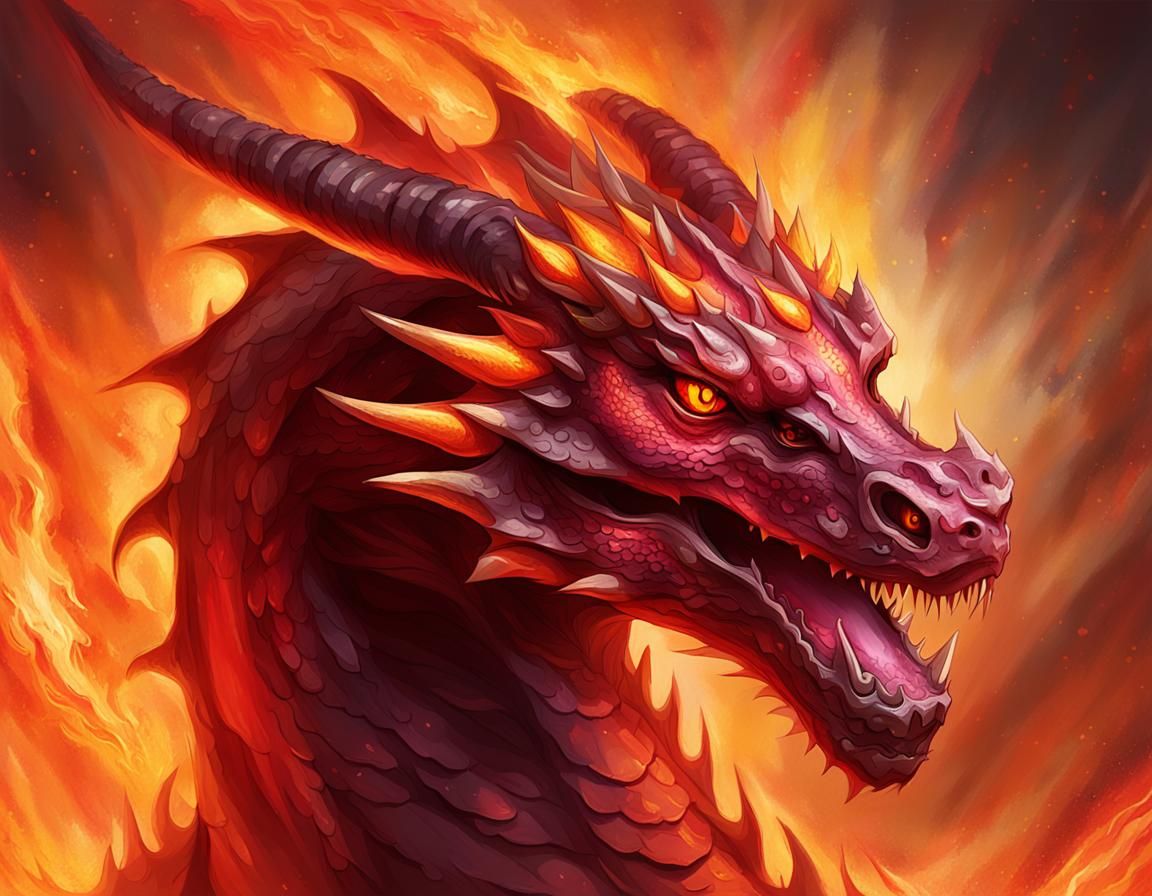 Portrait of a ruby dragon with flaming orange eyes and flames ...