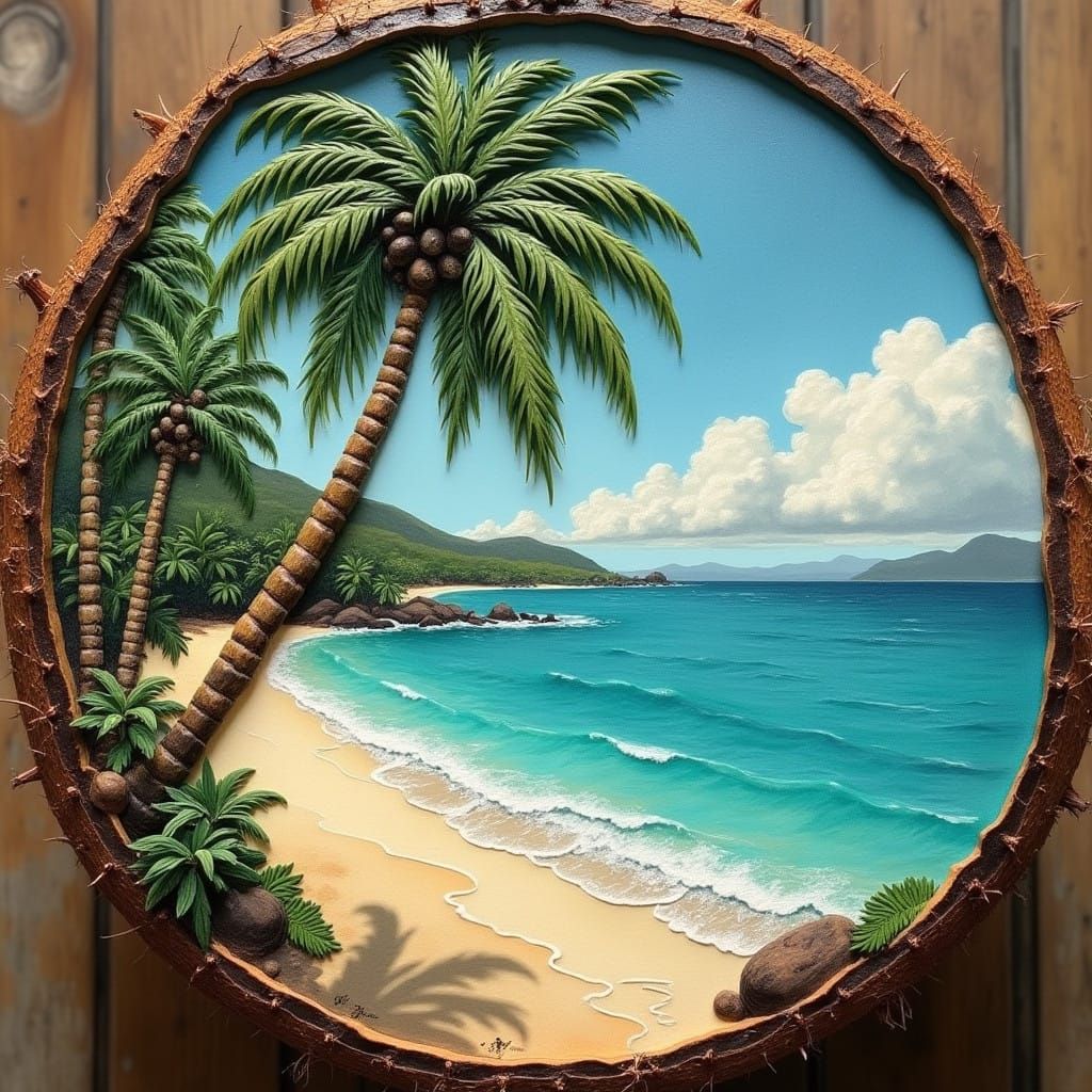 Paradise landscape in coconut frame