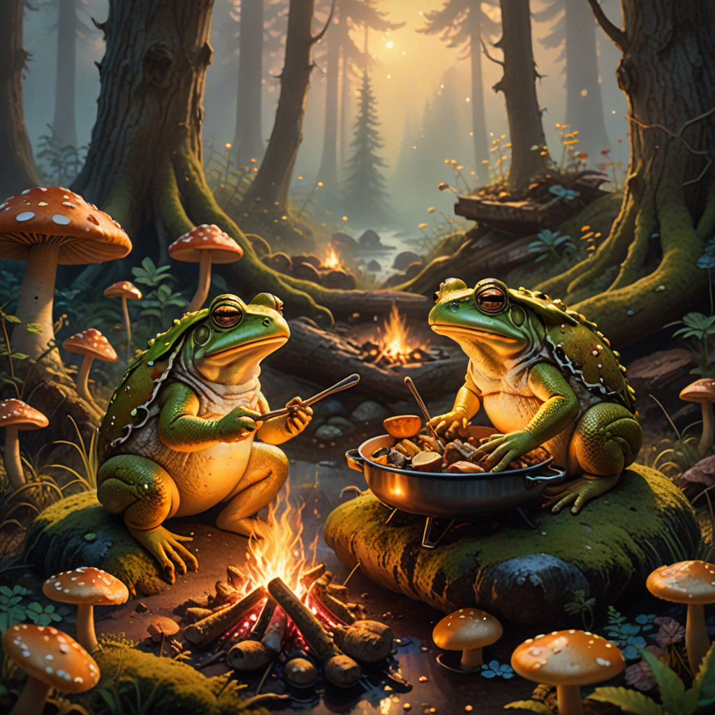 Two Toads Cooking Stew in Enchanted Forest - AI Art