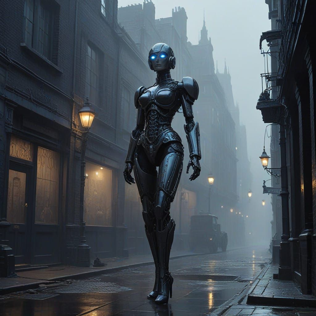 Hyper-realistic of a gothic robot-girl RoboCop, in the British police force