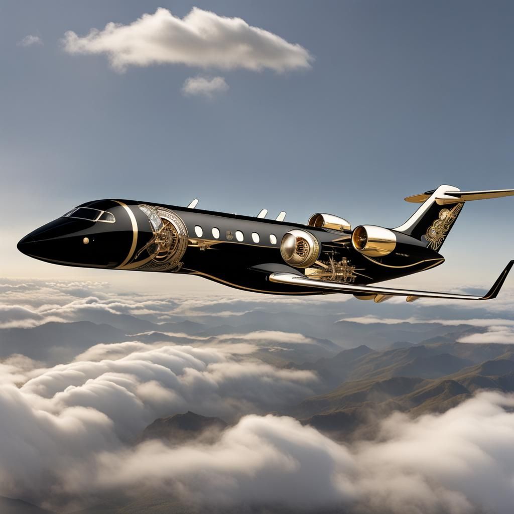 steampunk engine private jet aircraft, black and gold livery, twin ...