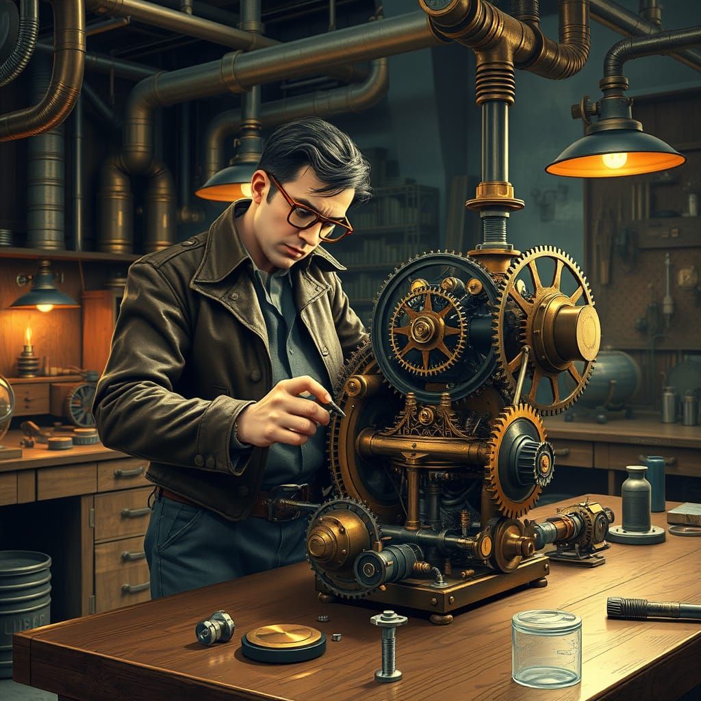 Steampunk Inventor Crafts Gears and Copper Filigre... - AI Art