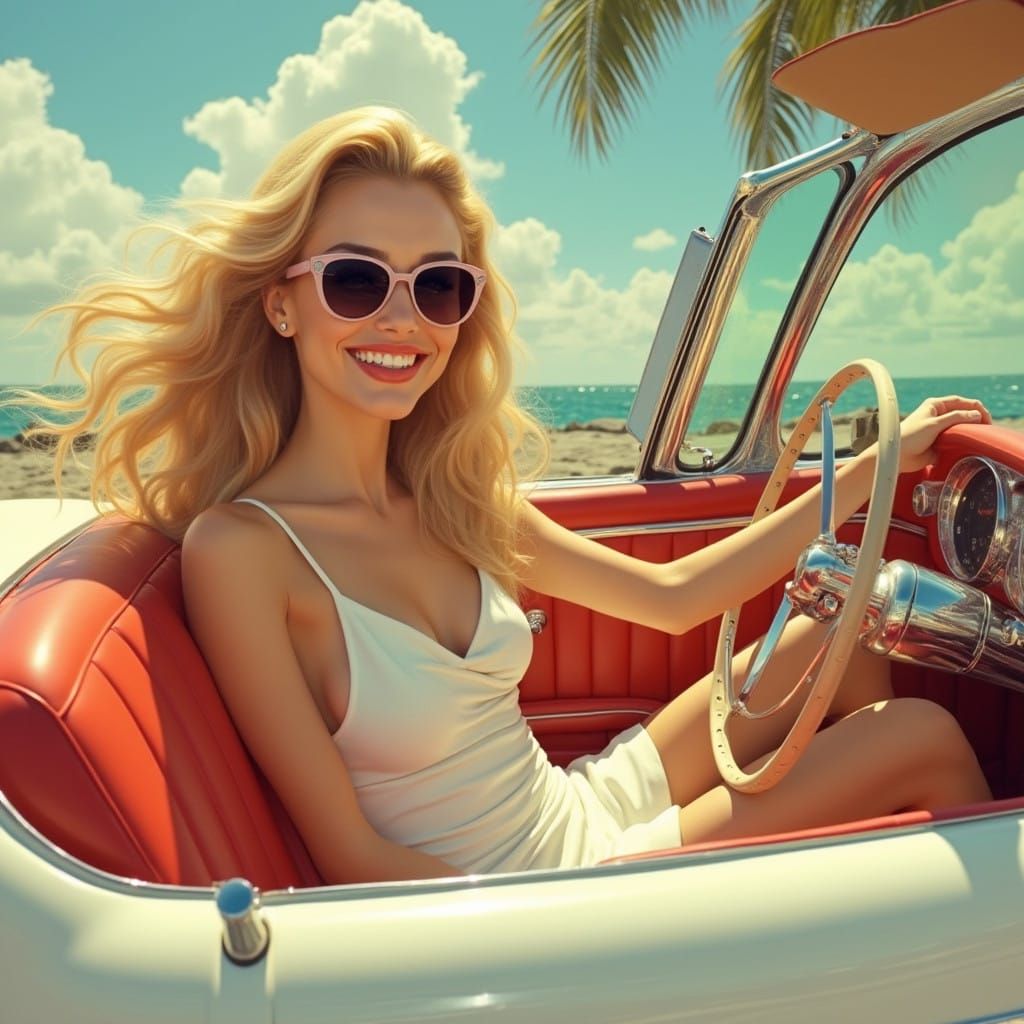 Sultry Woman Cruises in a Vintage Convertible - AI Art