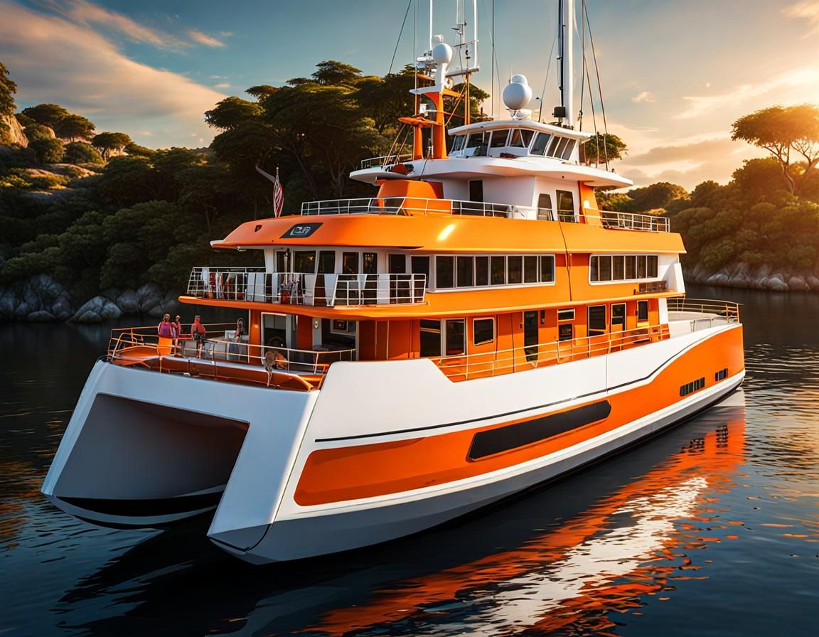 Orange and white Catamaran Ferry boat as a fishing trawler ...