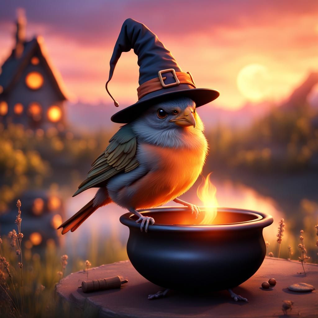 Cute finch with witch hat and stirring cauldron sunset in background ...