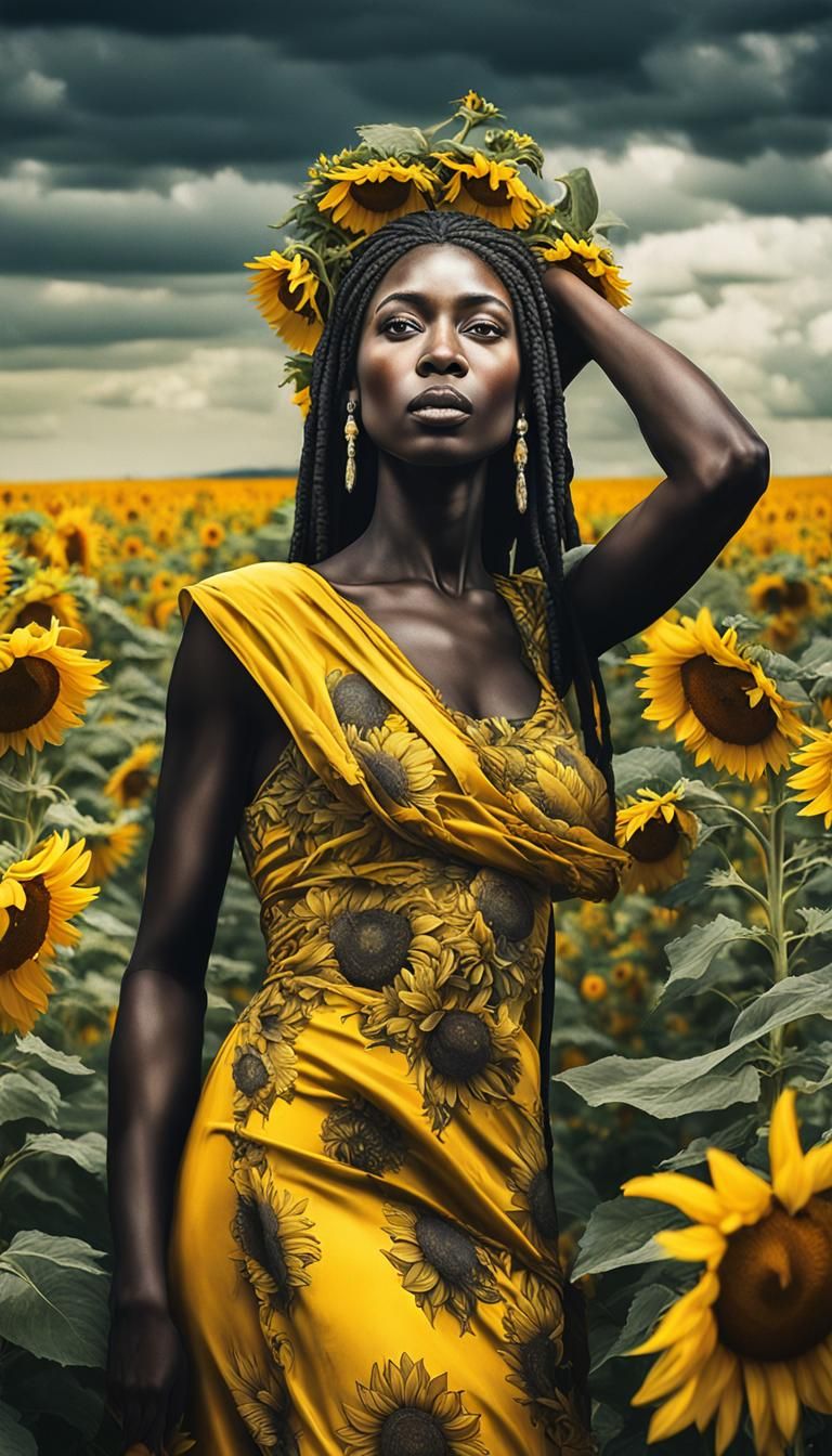 Beautiful black goddess in a long flowing yellow gown crown on her head ...