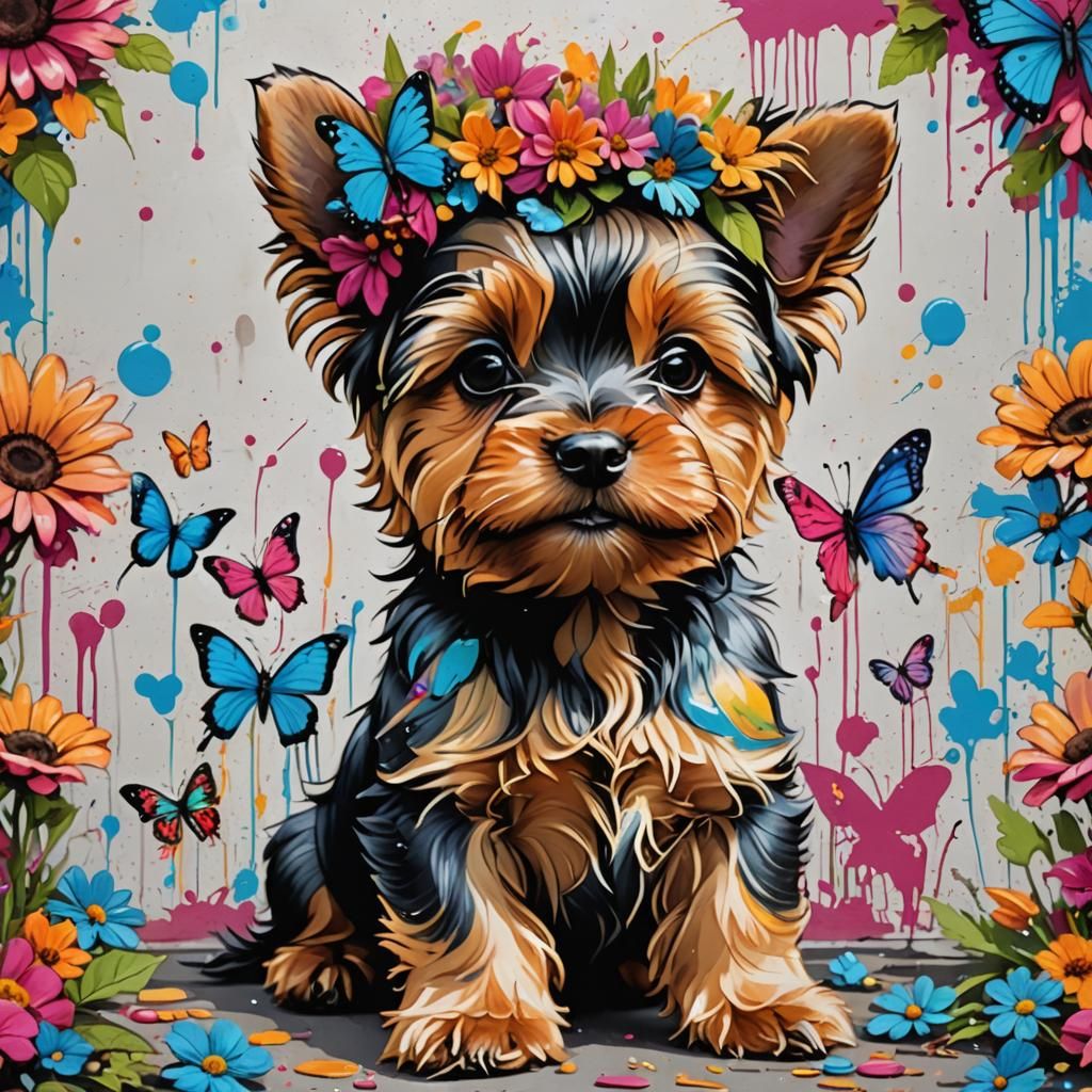 yorkie in the flowers - AI Generated Artwork - NightCafe Creator