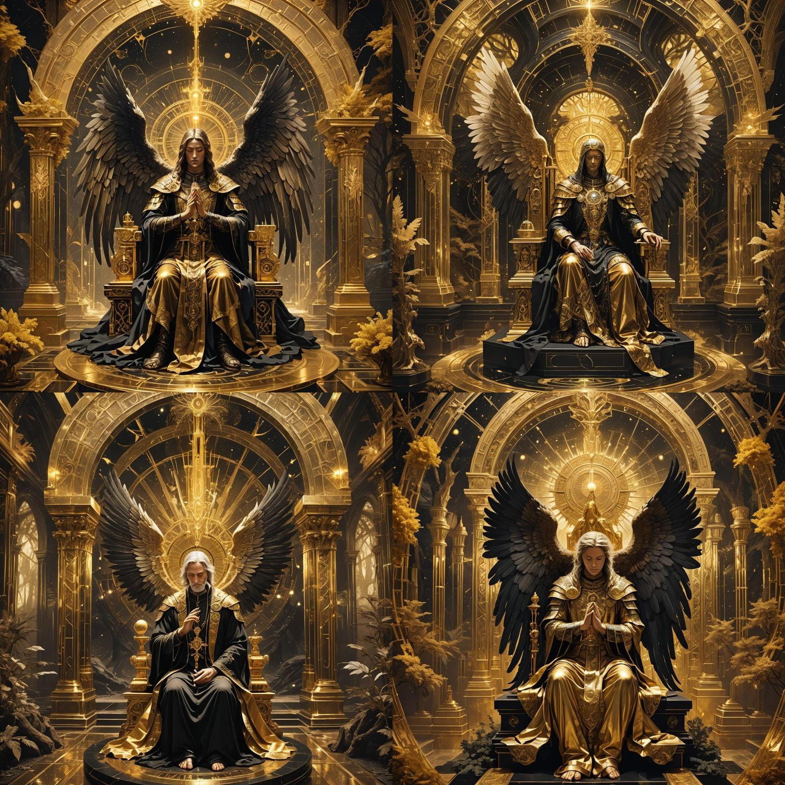 Archangel Uriel praying at a black and gold Altar in a cosmic Astral ...