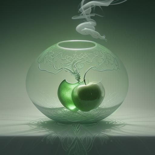 Insane depth, a delicate glass apple, smoking with cosmic energy, green ...