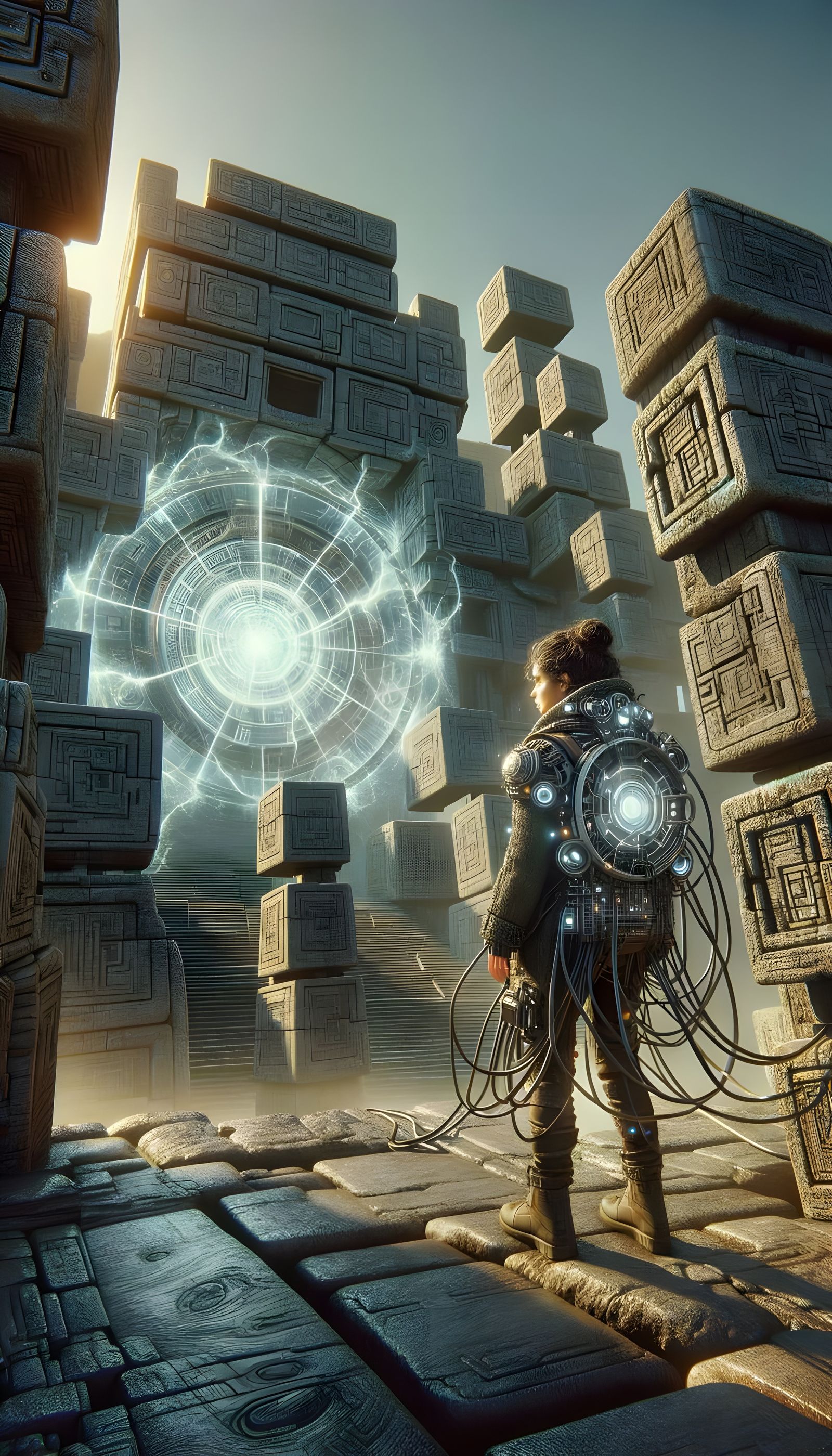 A traveler through alternate dimensions wearing an elaborate mechanism ...