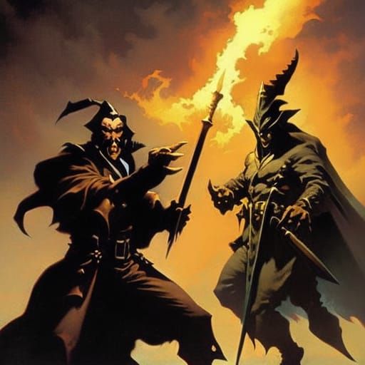 LOVECRAFTIAN WIZARD DUELING WARLOCK BY FRANK FRAZETTA - AI Generated ...