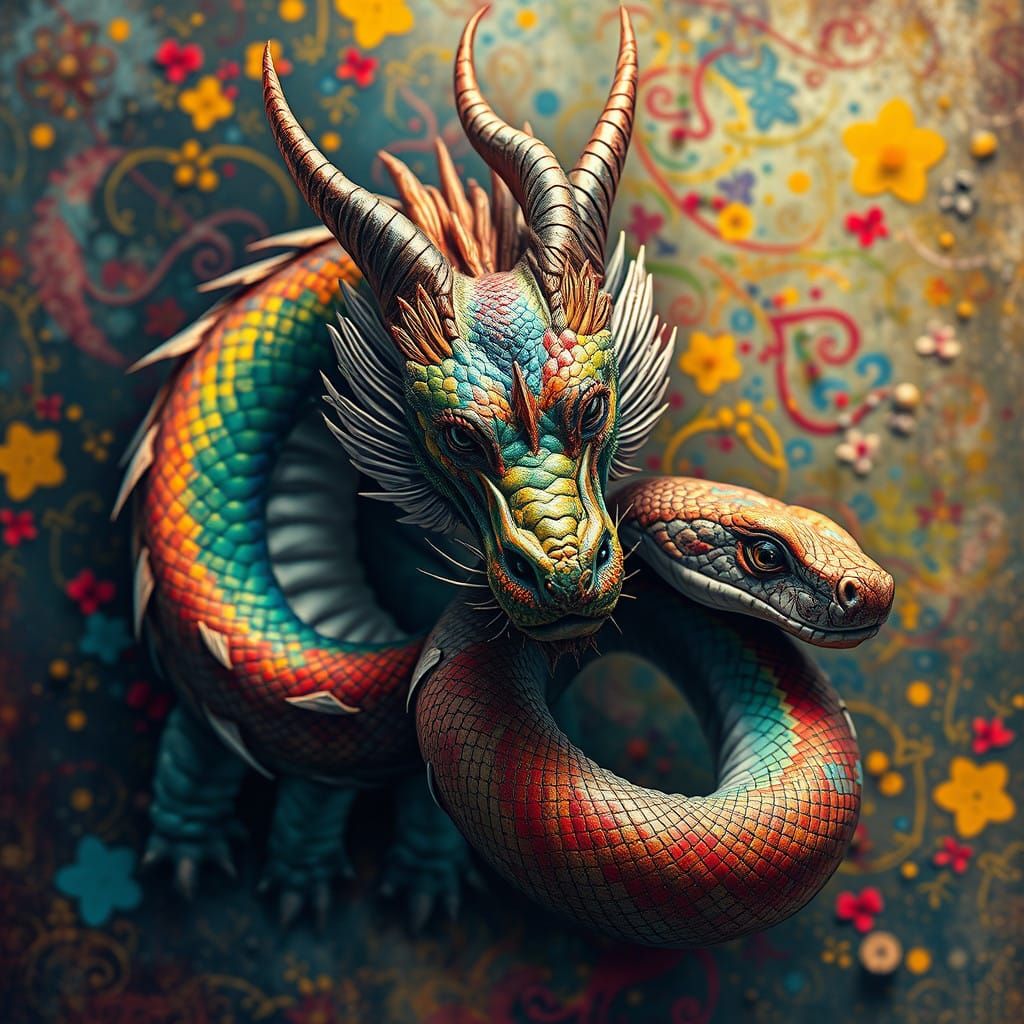 Vibrant Dragon and Snake in Intricate Harmony - AI Art