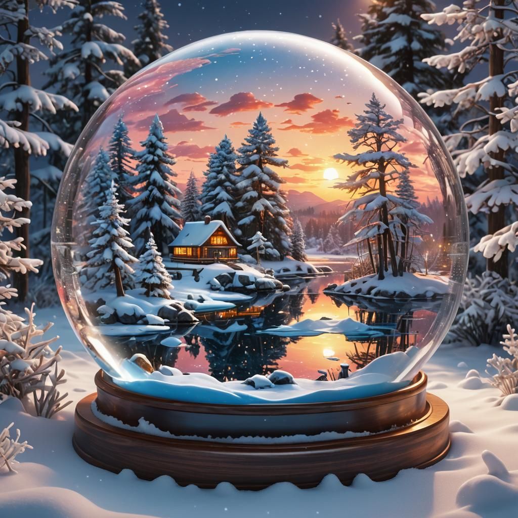 Snow globe The snowy winter wonderland lake reflections at sunset ...
