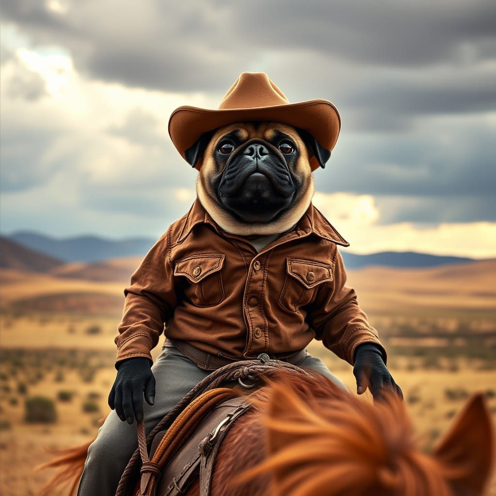 A pug dog riding a horse and wearing a cowboy hat and shirt, Cinematic film still, shot on v ...