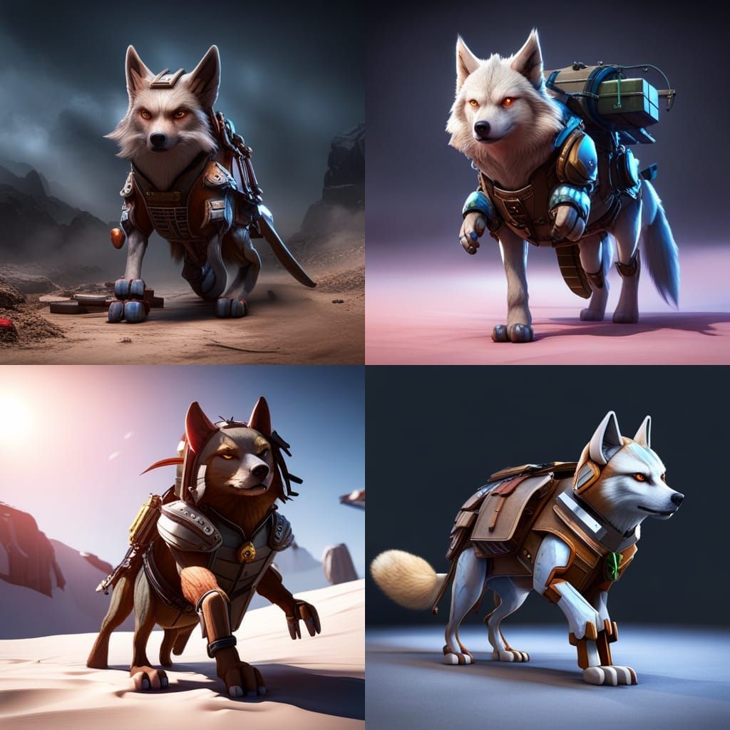 A full-body shot of a quadruped armored wolf carrying supplies on it's ...