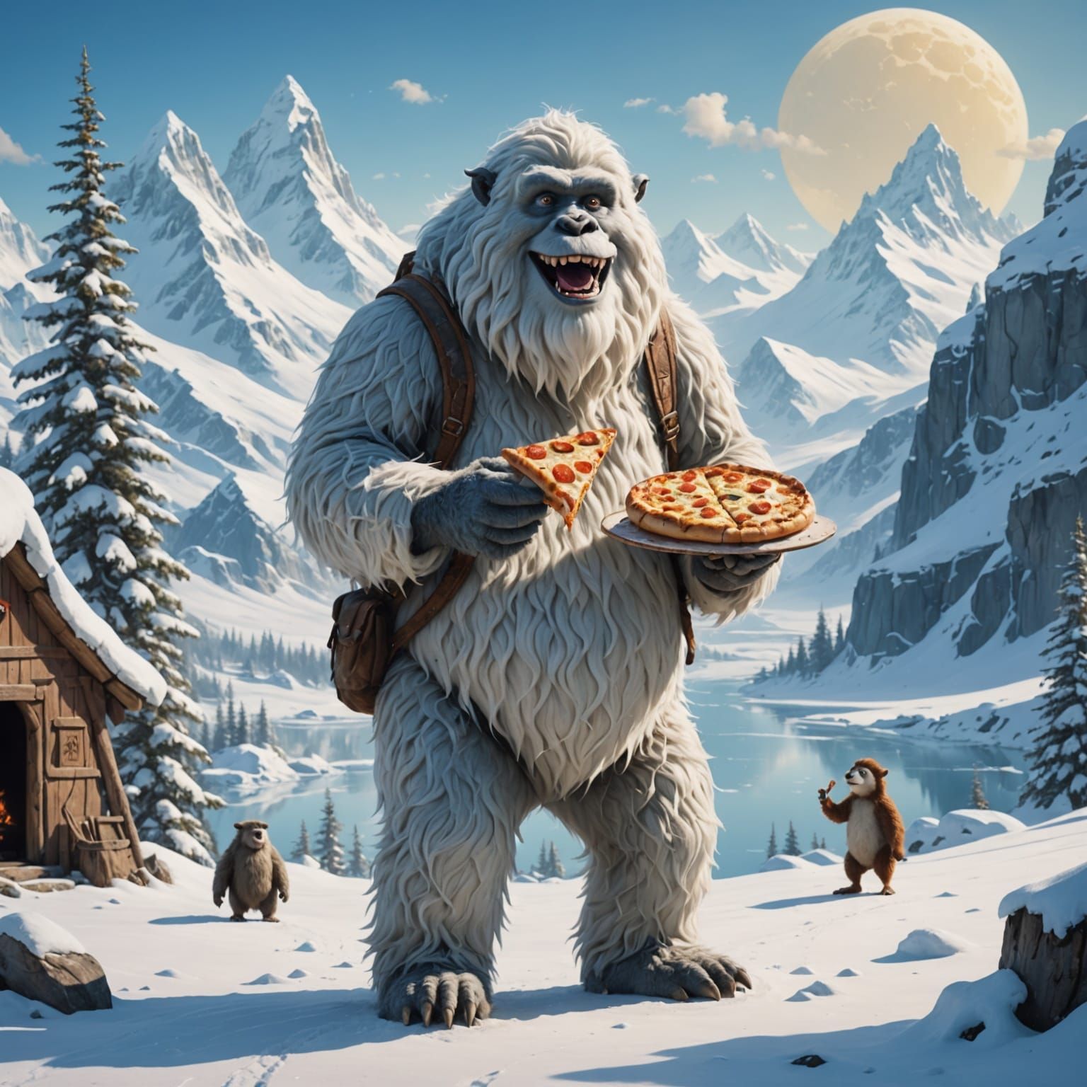 Yeti with Pizza - Happy Yeti in Winter Wonderland
