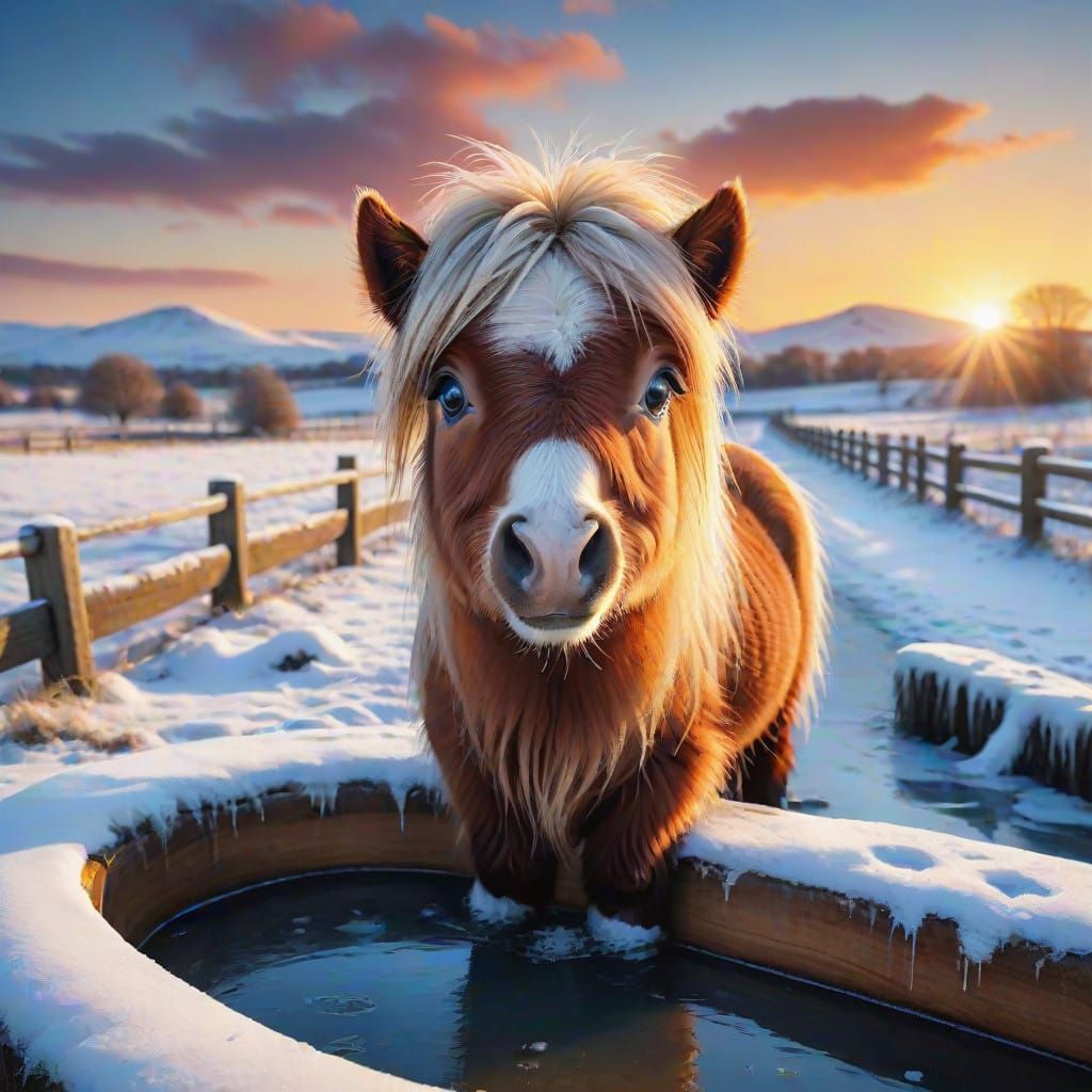 Miniature Shetland Pony in Snowy Landscape
