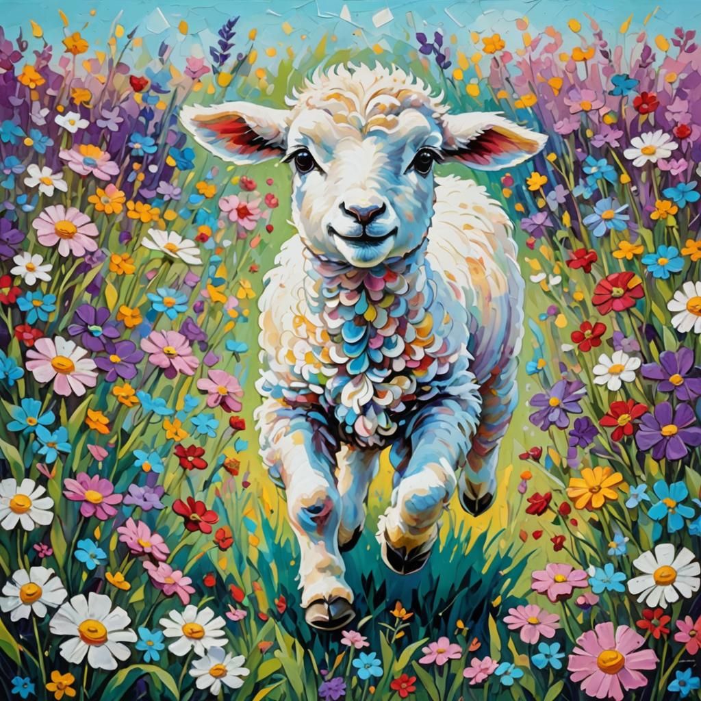 Lamb in Wildflower Meadow 9 - AI Generated Artwork - NightCafe Creator