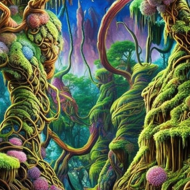 Alien forest covered in winding vines - AI Generated Artwork ...