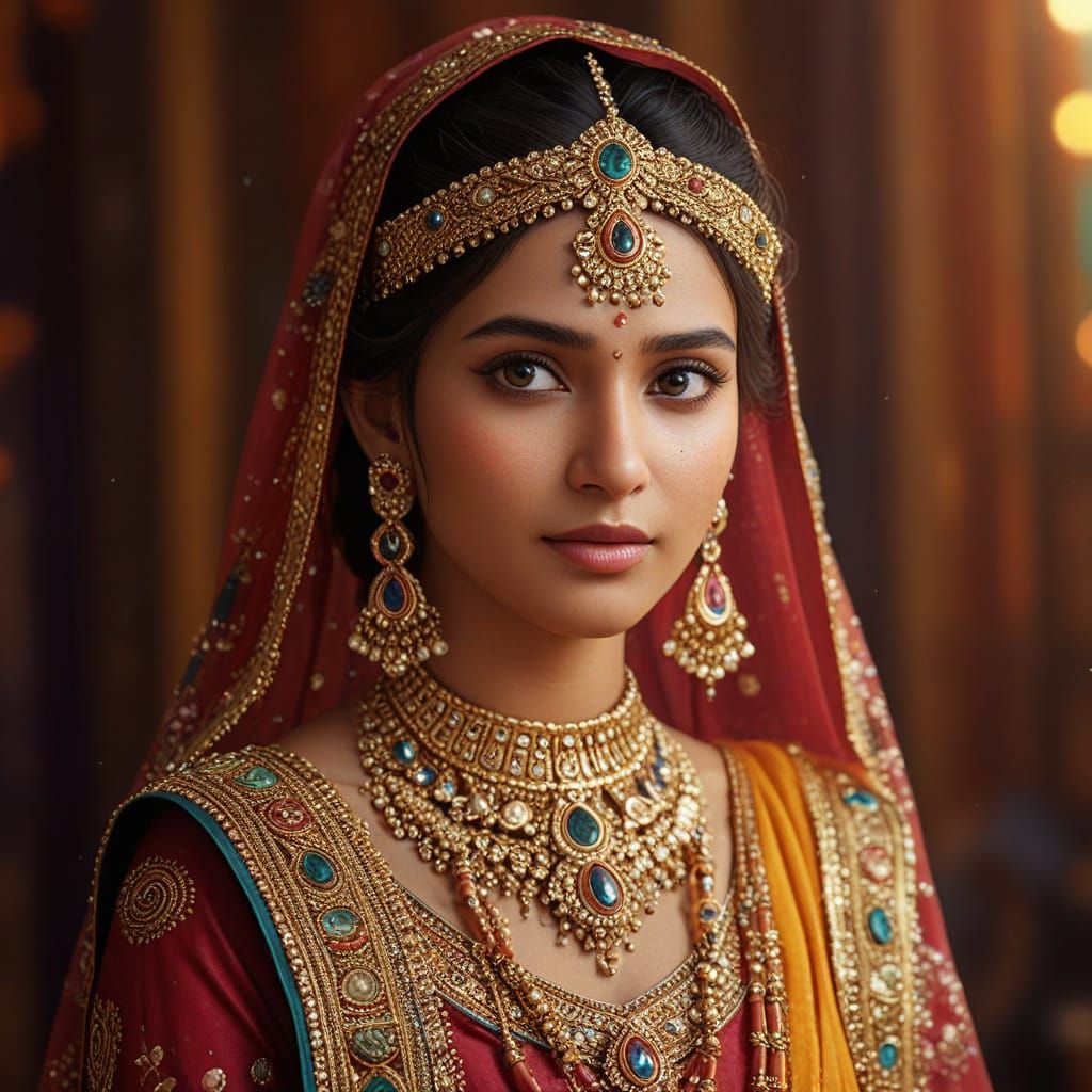 Realistic magically Indian bridal wearing colorful costume and ...