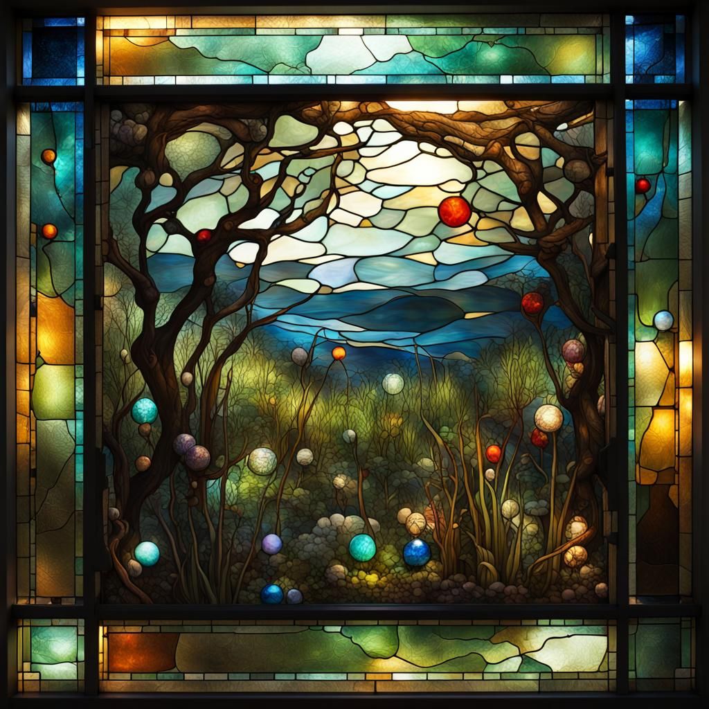 Square luminescent stained-glass window with lead frame and glass globs ...