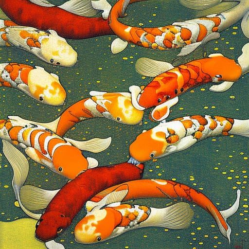 White yellow orange koi fishes swimming in steam, in a pound waterlilie ...