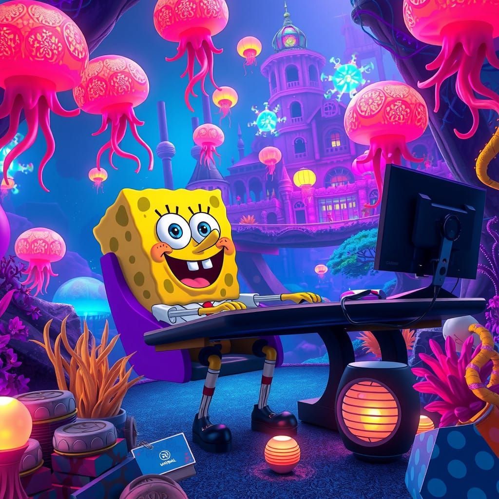 Spongebob Unleashes Chaos in Neon-Tinted Twitch La... - AI Art