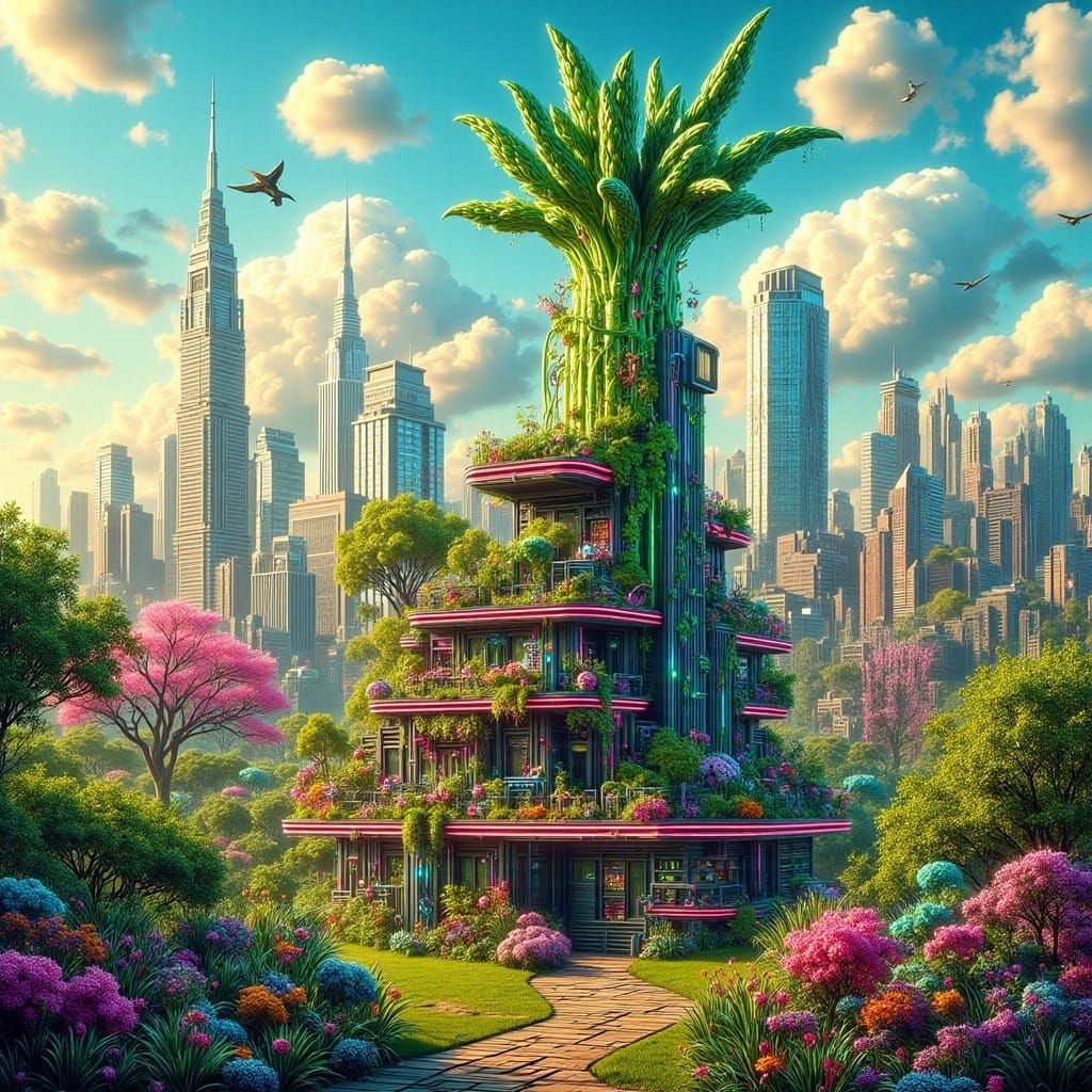 Cyberpunk Asparagus Treehouse Village Skyline - AI Art