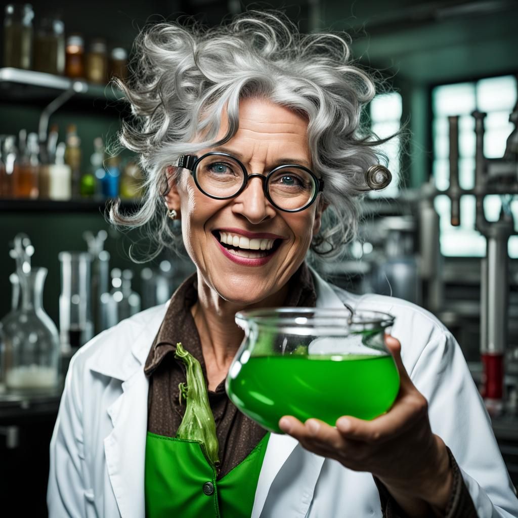 Woman with wild gray hair, a maniacal smile, wild brown eyes, laughing hysterically in a lab ...