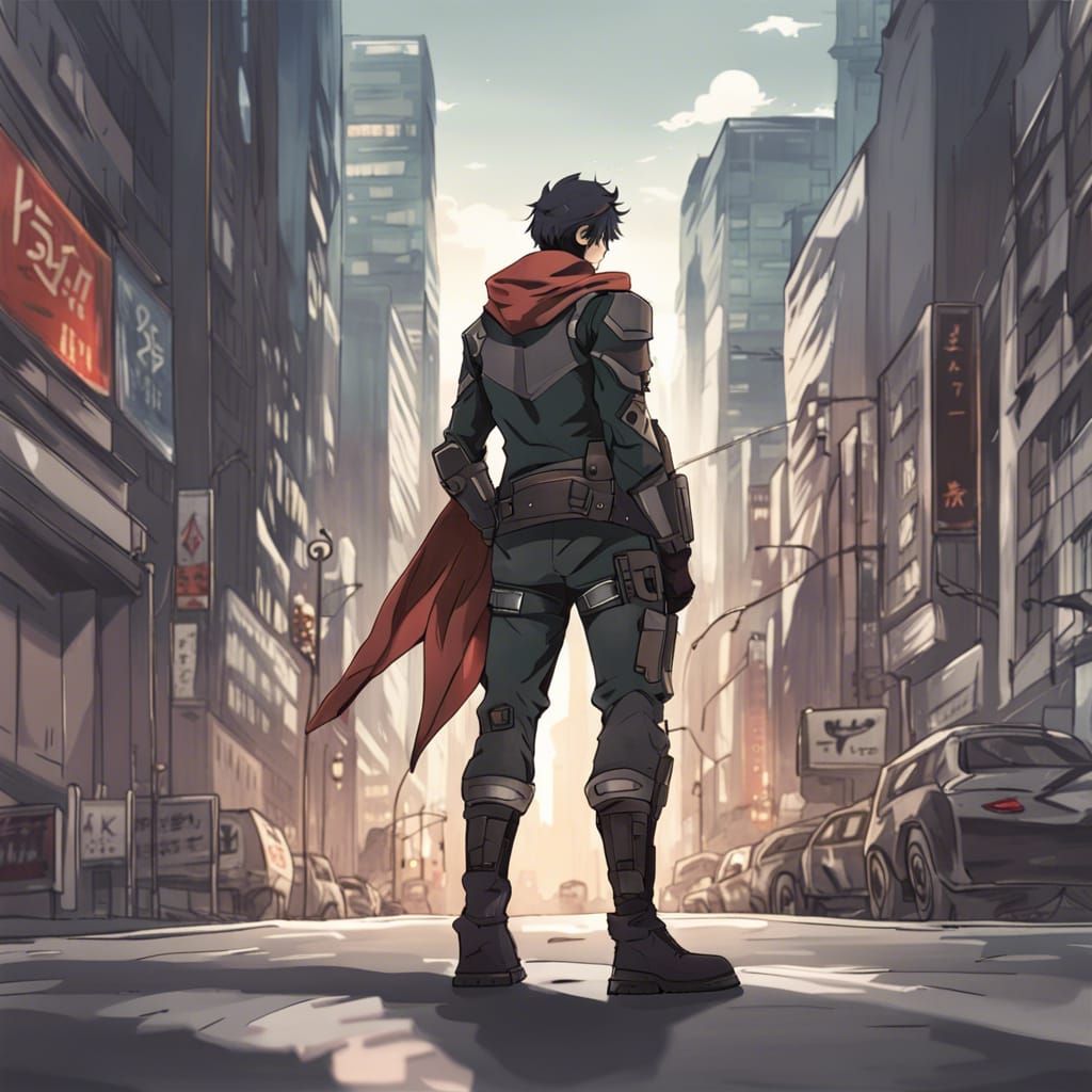 A Mercenary Style Super hero standing in the middle of a street of a ...