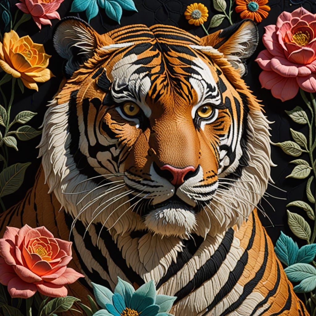 Surreal Fabric Tiger Embroidered in Dreamlike Land... - AI Art